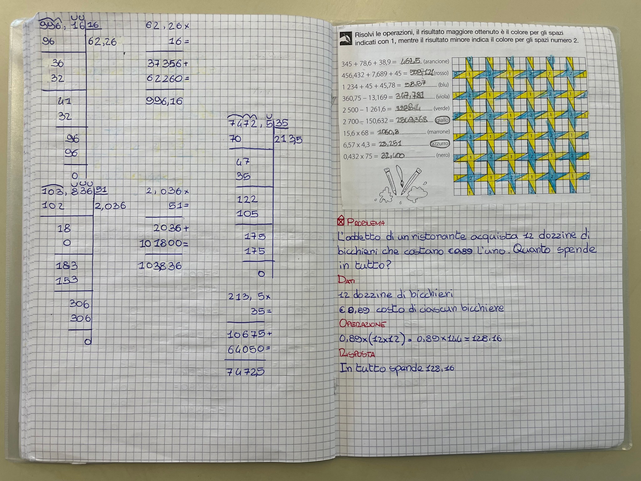 Quaderno di matematica classe 5^ – Maestra Giulia Montanari